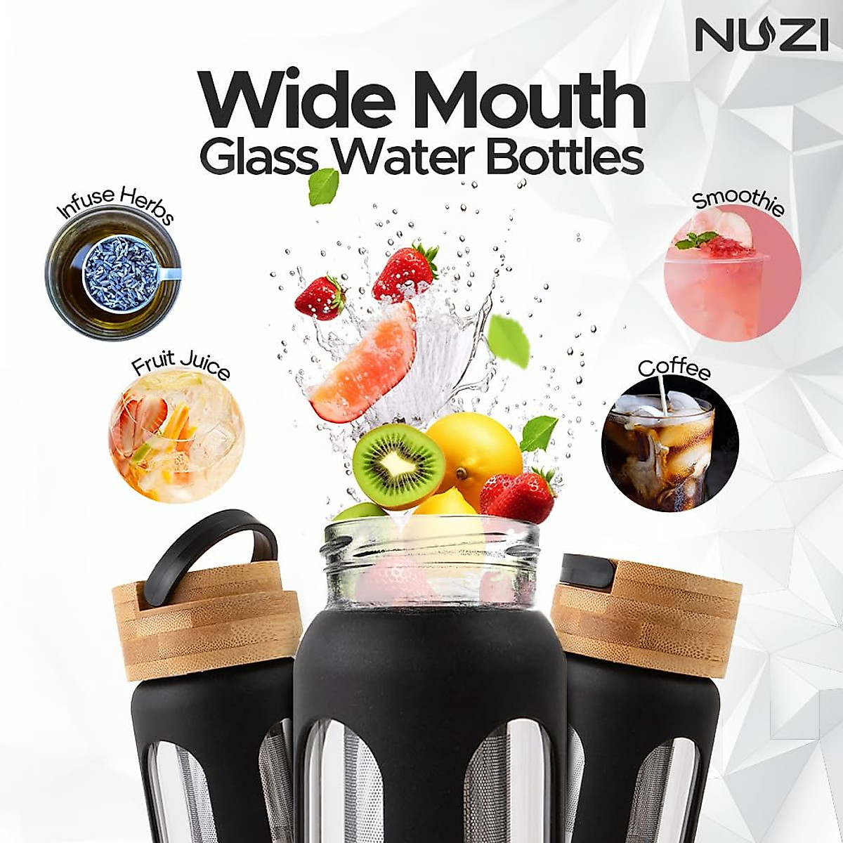 NUZI Glass Water Bottles 18 oz with Stainless Steel Fruit Infuser | Insulated Water Bottle | Reusable Glass Water Bottles with Silicone Sleeve & Bamboo Lid | BPA Free and Leakproof | Black | 1 Pc