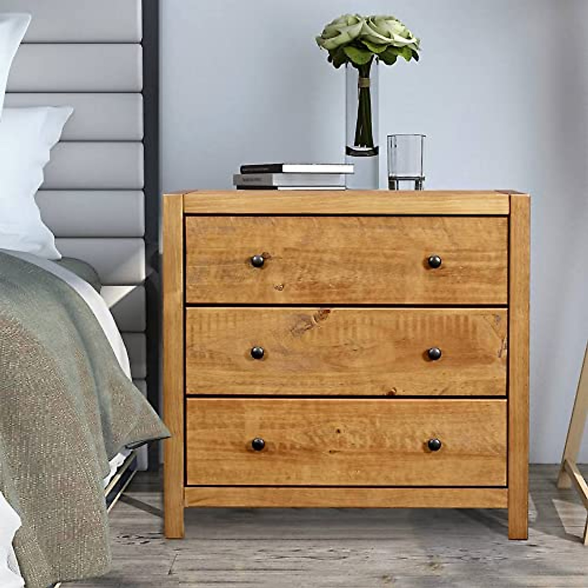 MUSEHOMEINC Rustic Wood with 3-Drawer Dresser,Storage Night Stand,Round Metal knobs,Oak Finish