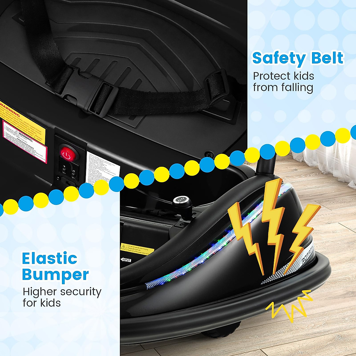 OLAKIDS Bumper Car for Toddlers, 12V Kids Electric Ride on Toy with Remote Control, Battery Powered Vehicle Racer for Baby, 360 Degree Spin Rotation, Colorful Flashing LED Lights, Music (Black)