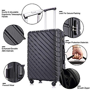 Apelila 4 Piece Hardshell Luggage Sets, Black Travel Suitcase, Check in & Carry On Luggages with Spinner Wheels Free Cover& Hangers Inside 18" 20" 24" 28"