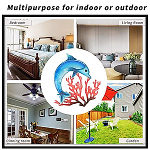 HONGLAND Metal Dolphin with Coral Wall Decor Indoor Art Sculpture Hanging Glass Decorations Blue for Home Garden Bedroom