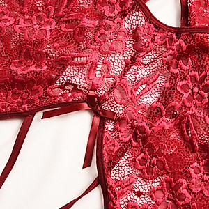 Ababoon Women One Piece Lingerie Lace Sexy Baby Dolls Teddy Sleepwear (Wine Red, L)