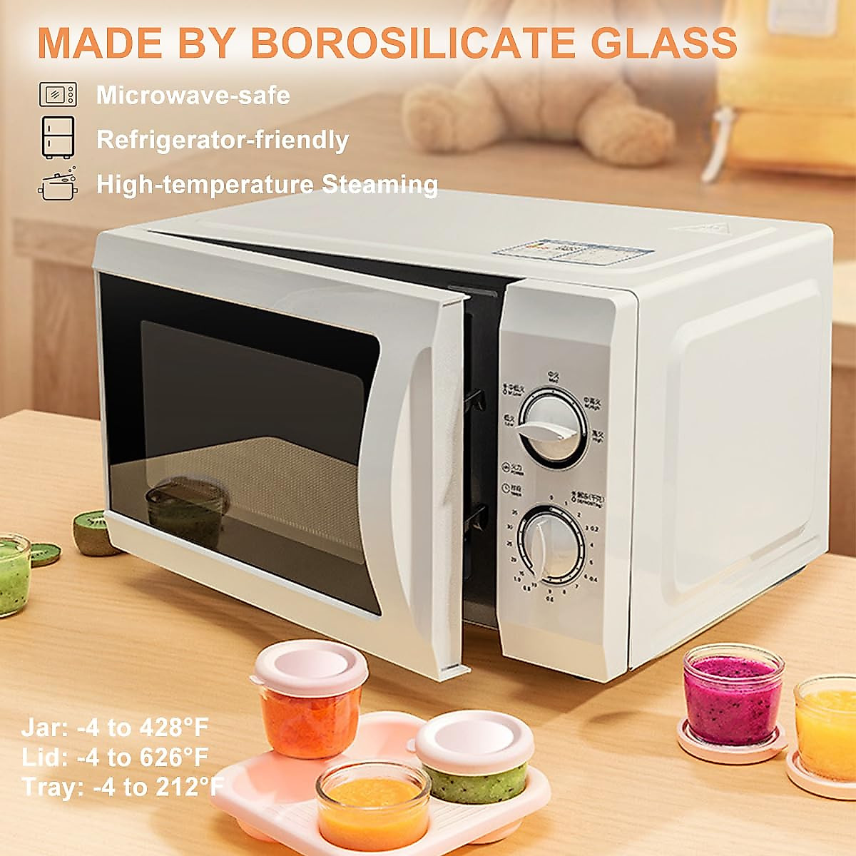 Ankou Baby Food Containers, 2.6oz 75ml Set of 4 Glass Baby Food Jars, Small Food Storage Containers with Lids and Stackable Tray, BPA-Free, Leakproof & Airtight & Reusable Baby Puree Containers