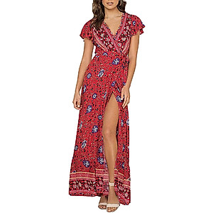 ZESICA Women's 2025 Bohemian Floral Printed Wrap V Neck Short Sleeve Split Beach Party Maxi Dress,Red,Medium