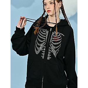 Women's Y2K Rhinestone Skull Hoodie Zip Up Oversized Casual Drawstring Hoodie E-Girl 90s Streetwear Jacket Tracksuit(G-black,S）