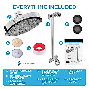 SparkPod Round Rain Shower Head with Shower Head Extension Arm - High Pressure Rain - Luxury Modern Look - No Hassle Tool-less 1-Min Installation (11" Shower Arm Extension, Luxury Polished Chrome)