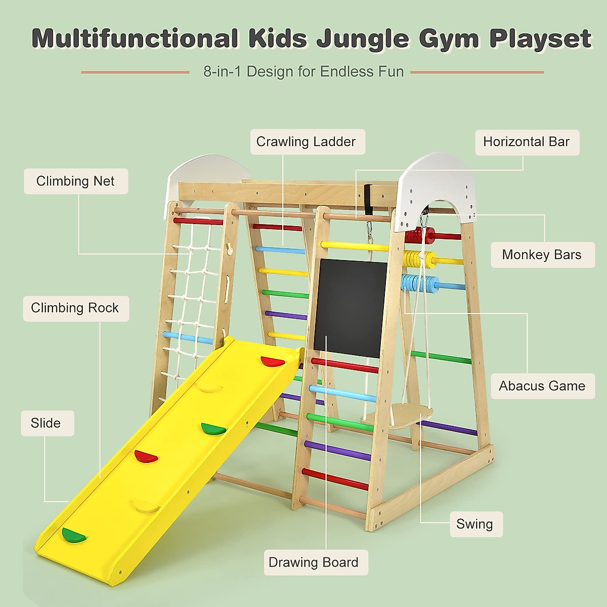 Costzon Indoor Jungle Gym, 8-in-1 Montessori Climbing Toys for Toddlers with Slide, Climbing Rock/Net, Monkey Bars, Wooden Playground Climber Playset for Kids Gifts Presents