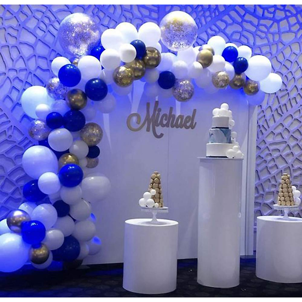 100Pcs Blue Gold White Balloon Garland & Arch Kit-100pcs Latex Balloons, 16 Feets Arch Balloon Strip Tape for Baby Shower Birthday Wedding Party Backdrop