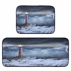 xigua 2 Pieces Stormy Landscape Lighthouse Kitchen Rugs and Mats Set Absorbent Soft Microfiber Bath Mat Non-Slip Doormat Laundry Runner Set, 19.7"x47.2"+19.7"x27.6"