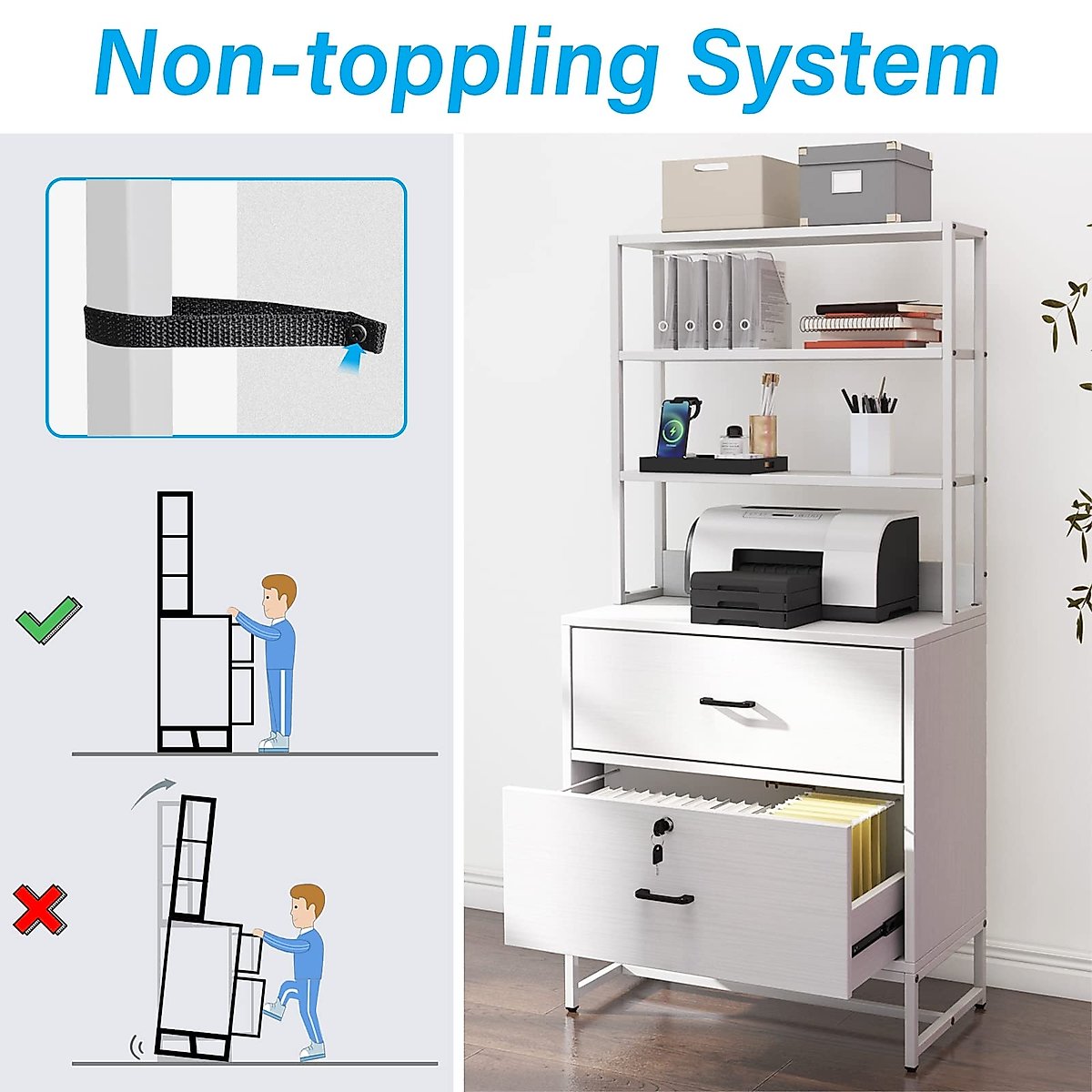 Jehiatek File Cabinets for Home Office with Lock 2 Drawer, Large Vertical Filing Cabinet with Bookshelf, Sturdy, Durable, Easy to Assemble and Clean (White), 25.59'D x 15.75'W x 62'H