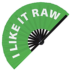 I Like It Raw Hand Fan Foldable Bamboo Circuit Hand Fan Funny Gag Slang Words Expressions Statement Gifts Festival Accessories Rave Handheld Circuit Event Fan Clack Fans (Green)