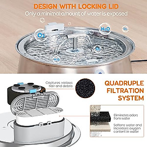 Pawque Stainless Steel Cat Water Fountain Inside, 4.0L/1.05Gal Automatic Pet Fountain Dog Water Bowl with Water Level Window & Ultra-Quiet Pump for Multiple Cats Small Medium Dogs Pets