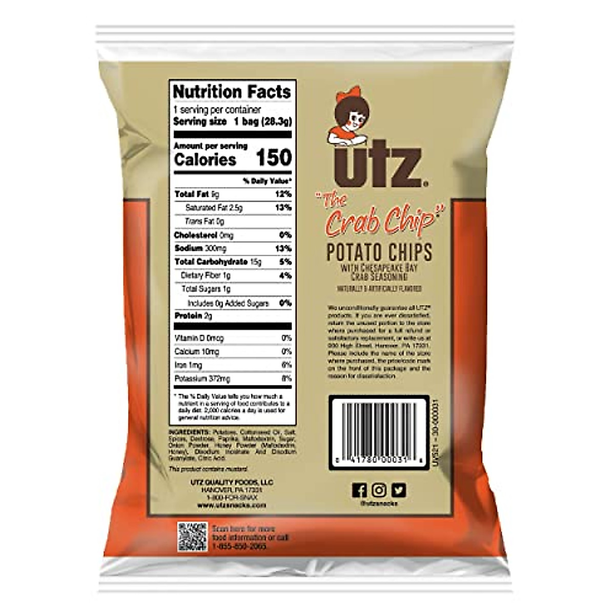 Utz Crab Chips 1 oz. Bags, 42 Count, Crispy Fresh Potato Chips, Perfect for Vending Machines, Individual Snacks to Go, Trans-Fat Free