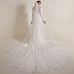 ruthyuexin Wedding Veil Applique Edge Cathedral Veil Flower One-Layer Bridal Veils Wedding Veils with Comb (ivory)
