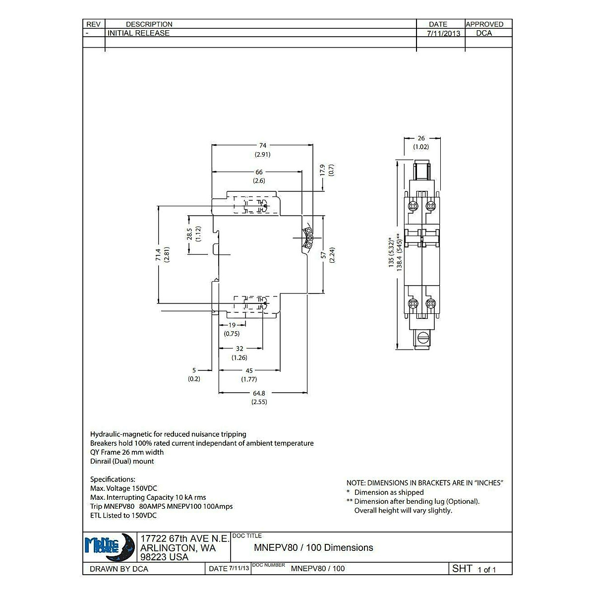 MidNite Solar MNEPV80 DIN Circuit Breaker 80A 150VDC