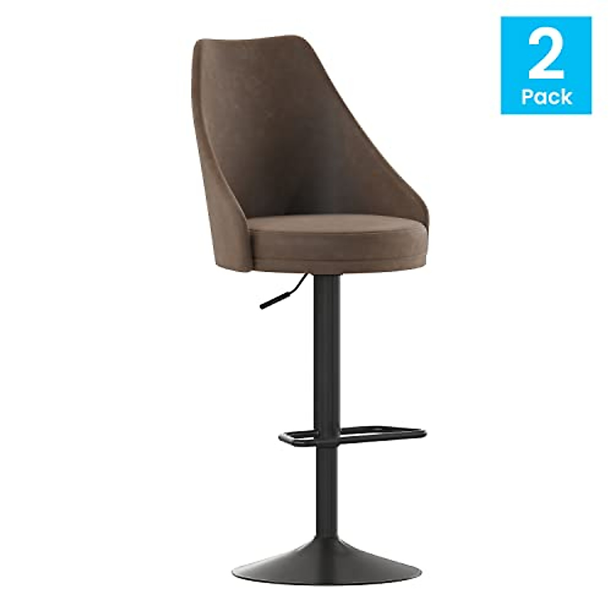 Flash Furniture Chrishelle Set of 2 Commercial Adjustable Height Bar Stools - Brown LeatherSoft Tufted Upholstery - Pedestal Base - Integrated Footring