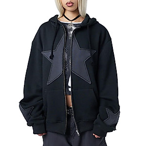 Womens Y2K Long Sleeve Hoodies Zip Up Star Graphic Track Jackets Hip Hop Harajuku Oversized Sweater Sweatshirts