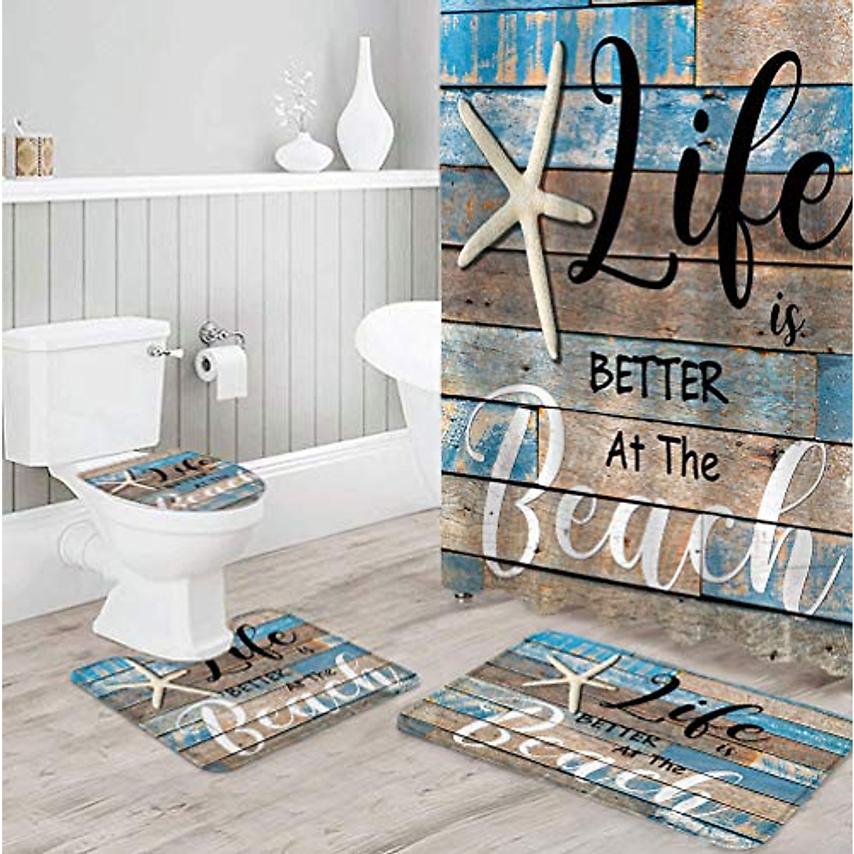 Life is Better at The Beach Starfish 4 Pcs Shower Curtain Sets with Non-Slip Bathroom Rugs Toilet Lid Cover and Bath Mat, Durable Waterproof Curtains with Hooks Rustic Wood Grain