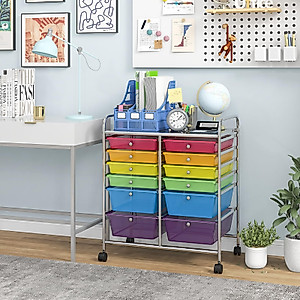 12 Drawers Rolling Storage Cart, Multipurpose Storage Organizer Cart with Lockable Casters, Mobile Utility Cart for Garage Office Home Kitchen (Rainbow+Clear)