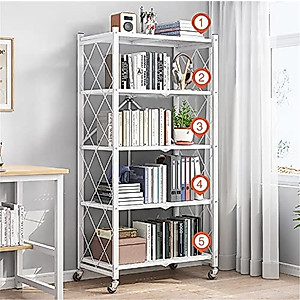 NIUYAO 5 Tier Foldable Shelving Unit with Wheels, Freestanding Metal Storage Shelf Heavy Duty Standing Shelves Units for Home Kitchen Bakers Closet Pantry -Black 28" L x 14.4" W x 64.2" H
