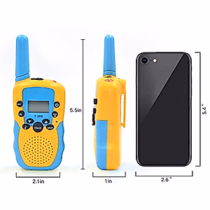 SUNET 2 Pack Battery Operated Walkie Talkies for Kids with 22 Channels 2 Way Radio 6 KMS Long Rang, Toy for 3-12 Year Old Boys Girls, with Backlit LCD Flashlight for Camping Outdoor (Yellow-Blue)