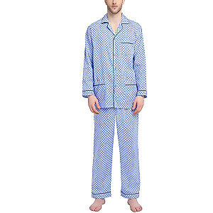GLOBAL Mens Pajamas Set, 100% Cotton Woven Drawstring Sleepwear Set with Top and Pants/Bottoms