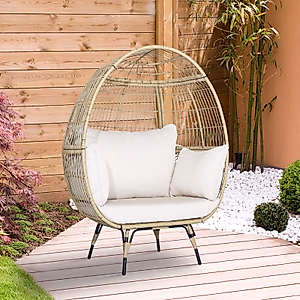 Tangkula PE Wicker Egg Chair, Patiojoy Oversized Indoor Outdoor Patio Lounge Chair with Cushions and Pillows, Steel Frame Basket Chair for Garden, Deck, Balcony, Living Room (Light Brown)