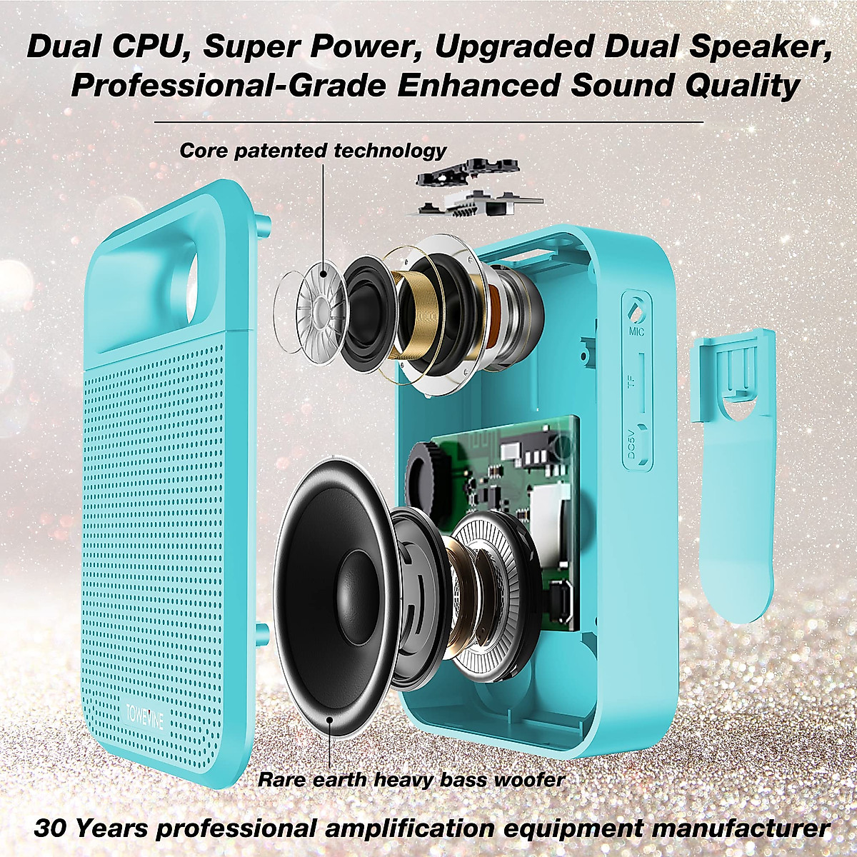 Voice Amplifier, Towevine Portable Rechargeable Microphone Speaker with Headset and Waistband for Teachers, Classroom, Singing, Coach, Training, Presentation, Tour Guide - Blue