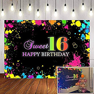Avezano Sweet 16 Backdrops Neon Glow in The Dark Happy 16th Birthday Party Banners Decorations Graffiti 16th Birthday Parties Backgrounds(7x5ft)