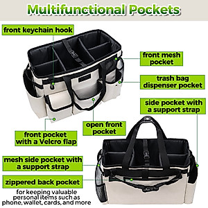 Cleaning Caddy Organizer with Handle - Large Caddy Bag for House & Bathroom Cleaning Supplies, 15 x 8 x 10.5 inches Cleaning Supply Caddy, Housekeeping Tote with Adjustable Strap - Beige