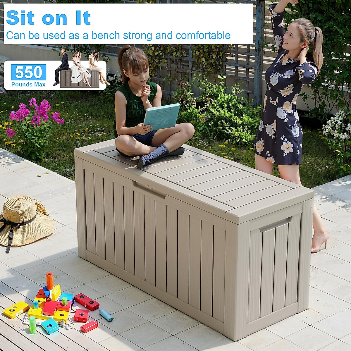 MAIUSCOLI 80 Gallon Waterproof Outdoor Storage Box,Resin Deck Box,Lockable Outside Storage Box Container for Patio Furniure,Garden,Pool Tools (80 Gallon,Light Brown)