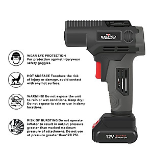 Excited Work 12V Portable Air Compressors Cordless Tire Inflator, 2.0 Ah Rechargeable Battery and Quick Charger, Max 150PSI, with 3 Nozzles, 4 Unit Meters, Fits Cars Motorcycles etc