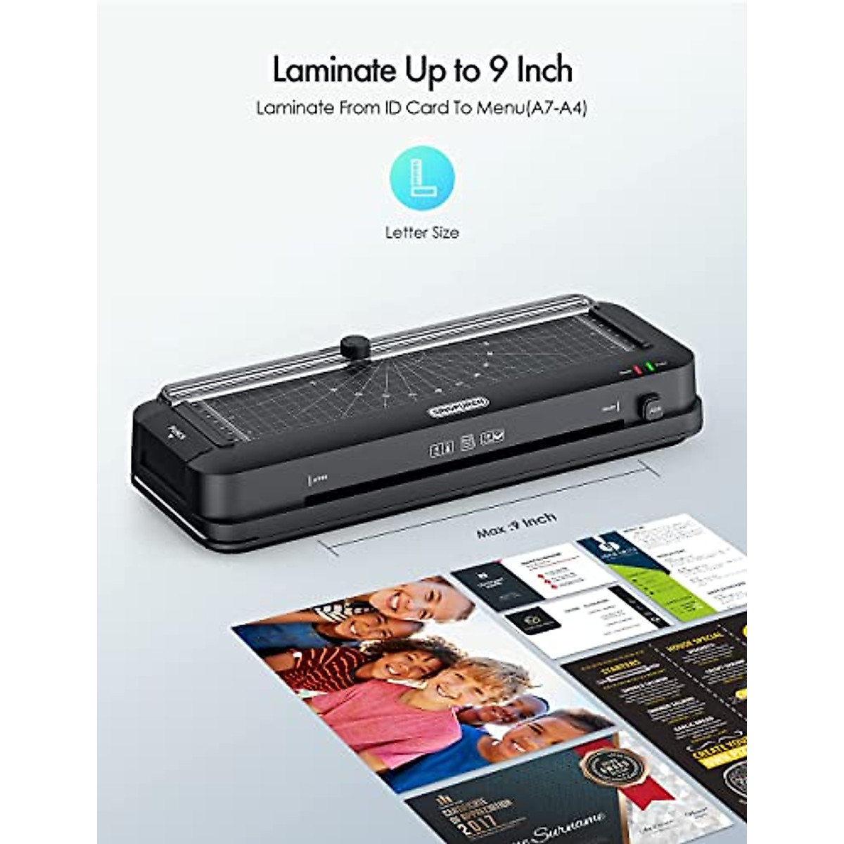 Sinopuren Laminator Machine and Laminating Pouches Bundle, Personal 3-in-1 Desktop Laminating Machine Built-in Paper Trimmer Punch and Corner Rounder, Thermal Laminating Sheets 5Mil 100pack, Clear