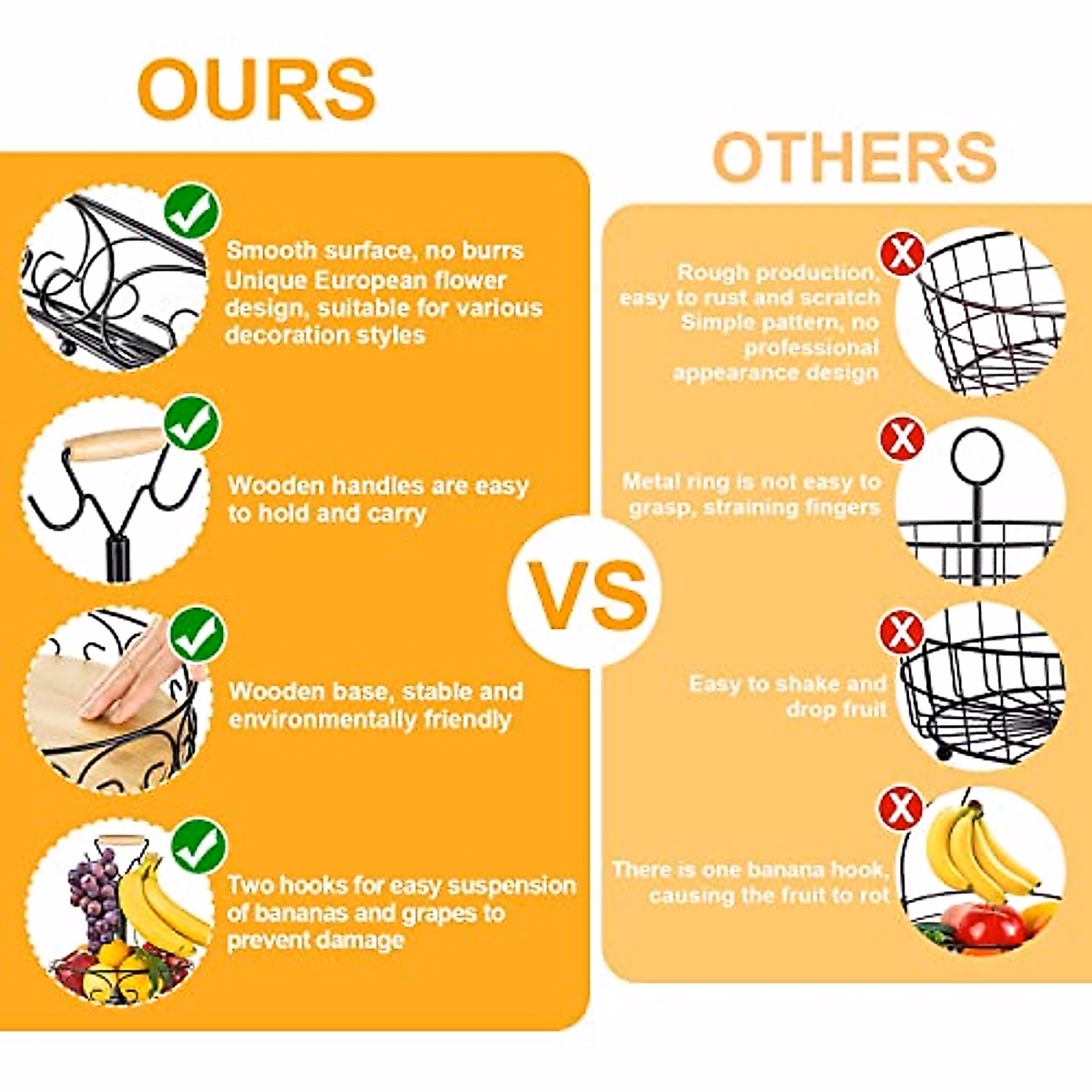 ETECHMART Fruit Basket, Vegetables Countertop Bowl Storage With Banana Hanger, Detachable Bread, Snacks Baskets Holder Large Capacity Fruit Tray (Bamboo&Iron - 3 Tier)