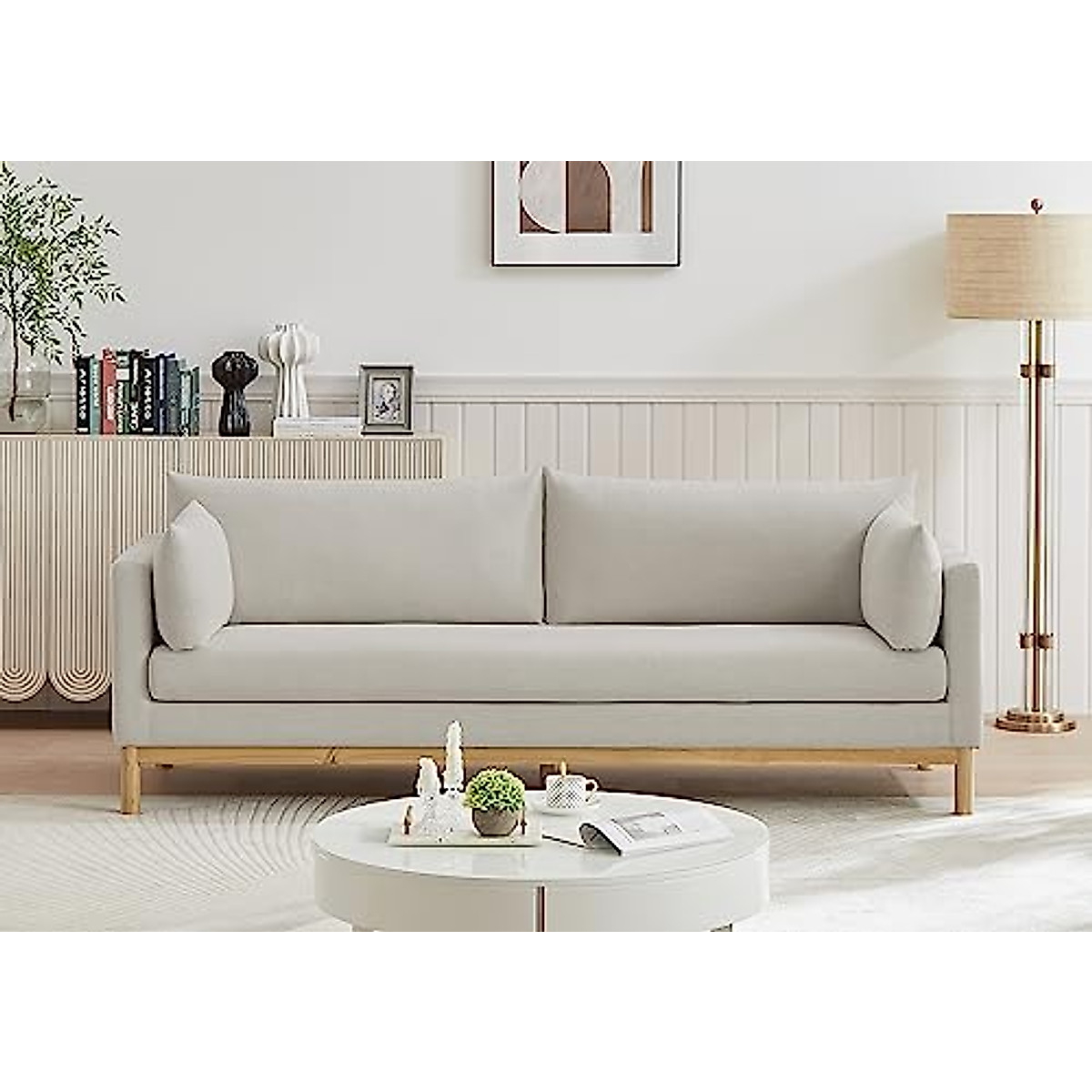 Meridian Furniture 157Beige-S Langham Collection Mid-Century Modern Linen Textured Fabric Upholstered Sofa, Beige Linen Textured Fabric, Natural Finish Wood Base, 89.5" W x 33.5" D x 33" H, Beige