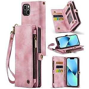 Zttopo for iPhone 13 Wallt Case, 2 in 1 iPhone 13 Case Wallet with Premium Leather Zipper Lanyard Card Holder, Durable Wristlet Flip Case Money Pocket Cover 6.1 inch