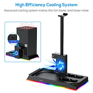 RGB Charging Stand with Cooling Fan for Xbox Series X Console &Controller,Dual Charger Station Cooler System Accessories with 15 RGB Light,2x1400mAh Rechargeable Battery,Headphone stand,Game Disc Slot