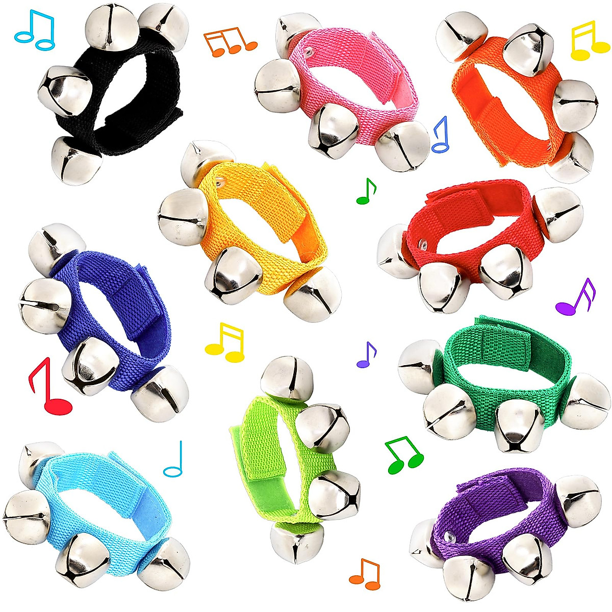 Foraineam 20 PCS 10 Colors Wrist Bells Bracelets Ankle Jingle Bell Band Party Favors Wristband Musical Tambourine Rhythm Percussion Instrument
