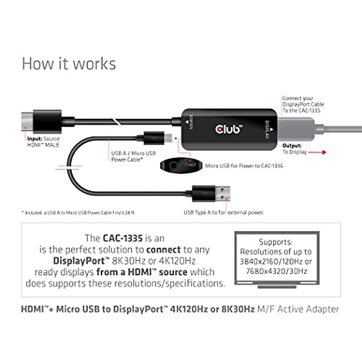 Club 3D CAC-1335 HDMI 2.1 to DisplayPort 1.4 4K120Hz or 8K30Hz M/F Active Adapter