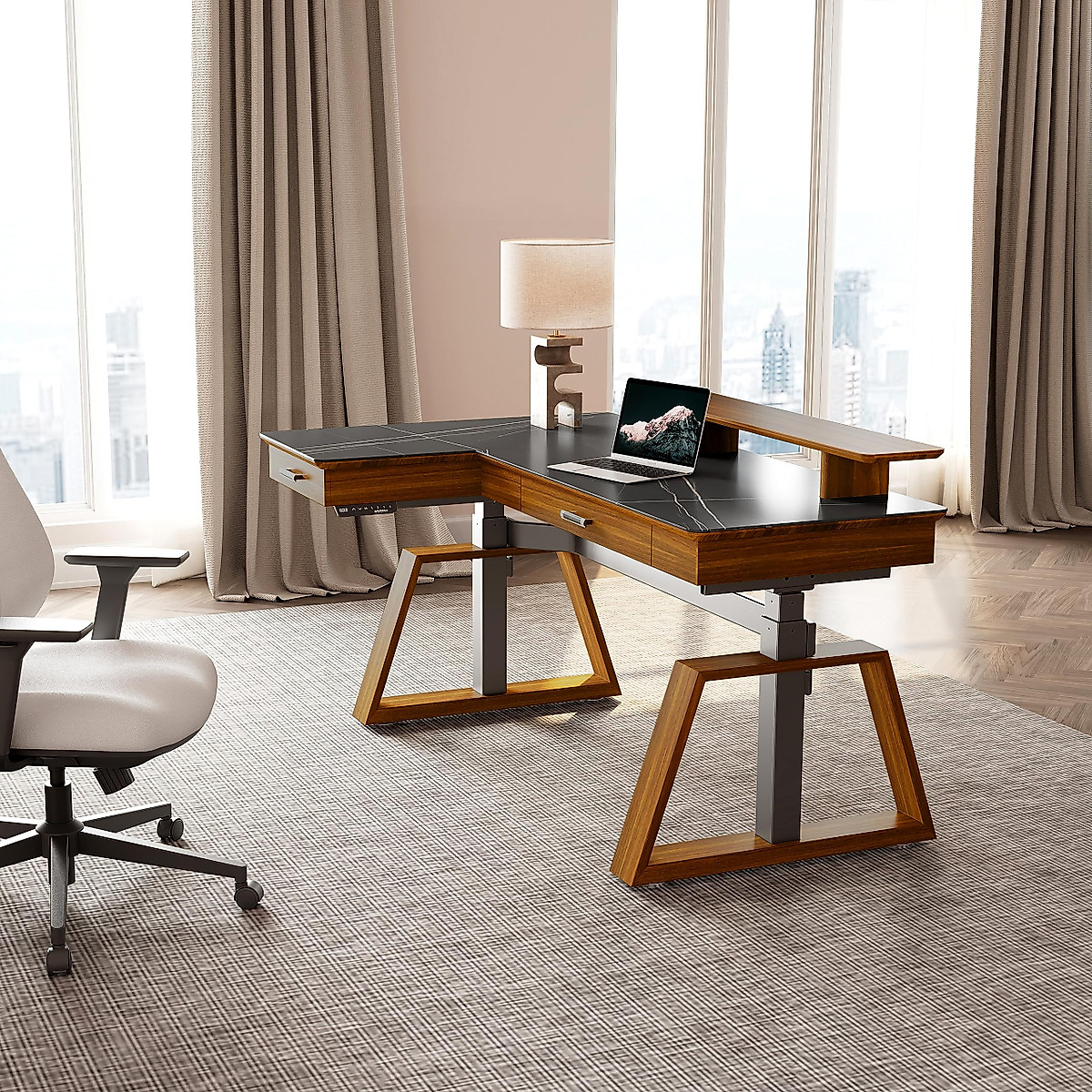 EUREKA ERGONOMIC Electric Standing Desk with Dual Drawers,63 Inches Height Adjustable L-Shaped Office Desk,Sit Stand Desk Executive Desk Computer Workstations with Monitor Stand,Left/Black