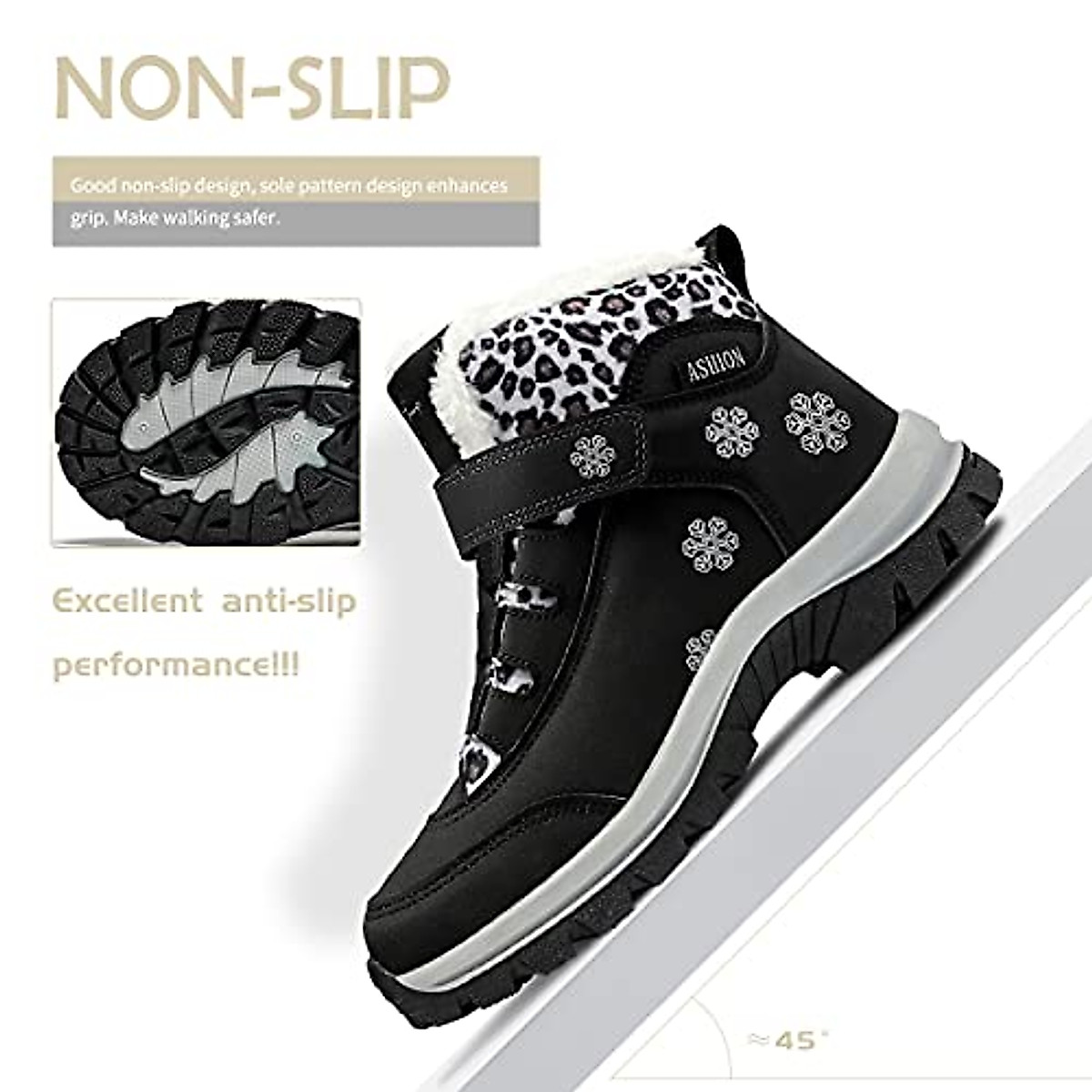 ASHION Women's Snow Boots Waterproof Snowboots Non Slip Durable Warm Winter Booties Hook and Loop Outdoor Shoes Leopard Black Size 10