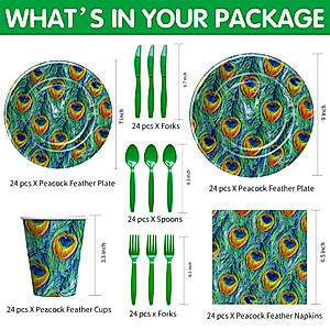 Xenorik Peacock Feather Party Decorations Tableware - Peacock Birthday Party Supplies, Plate, Cup, Napkin, Cutlery, Zoo Bird Peacock Theme Table Decorations For Bridal Baby Shower Wedding | Serve 24