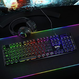 TNBIU Gaming Keyboard, 105-Key Wired Membrane Keyboard, Rainbow LED Backlit Keyboard, Floating Keycap Design, Aluminum Alloy Panel, Stylish Appearance Design, Suitable for Desktop, Computer, PC