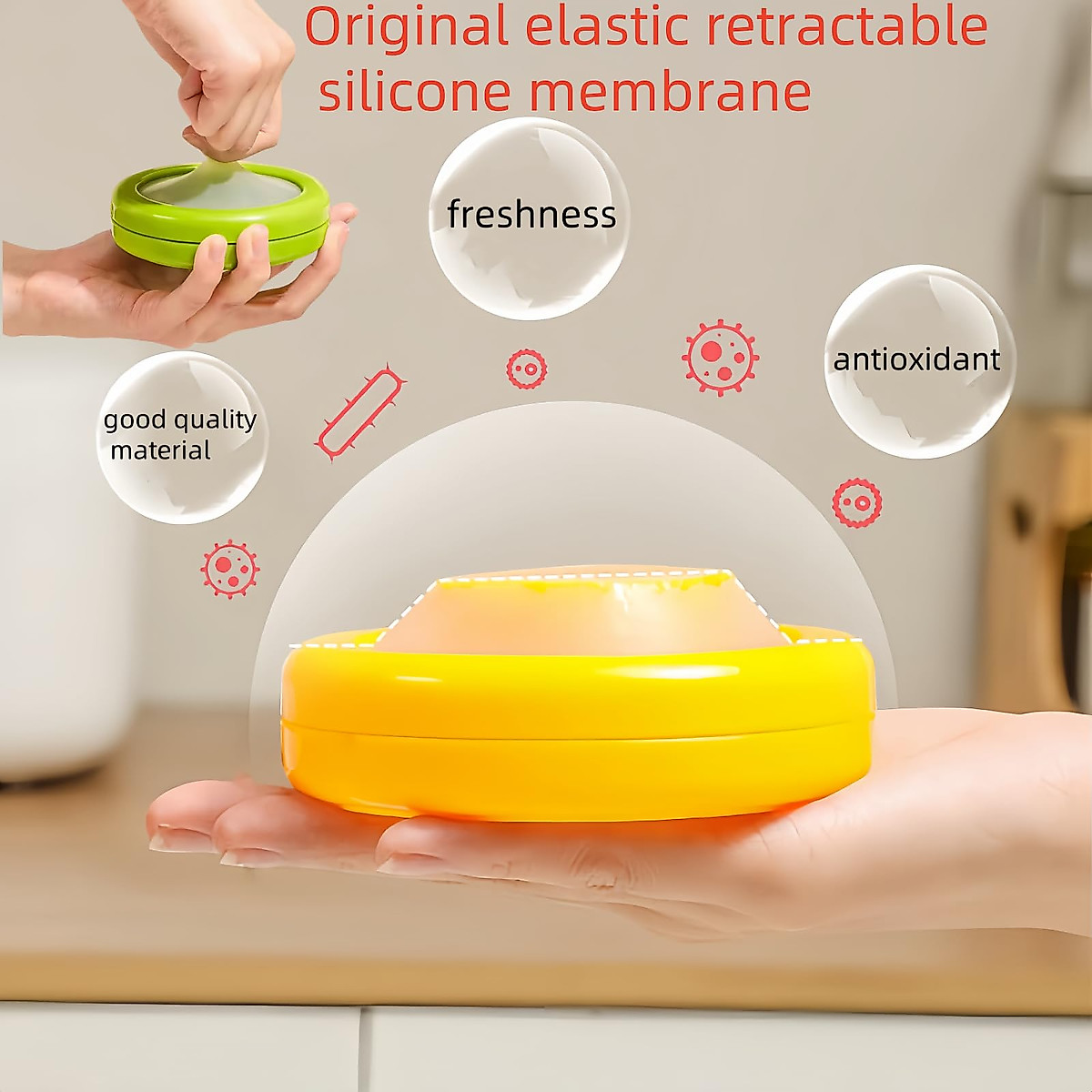 Generic Modern Silicone Fruit Storage Box Set of 4, Round, 3.93 inches by 1.02 inches, Green & Yellow, Reusable, Portable, Flip Top, Fruit, Vegetable, Snacks