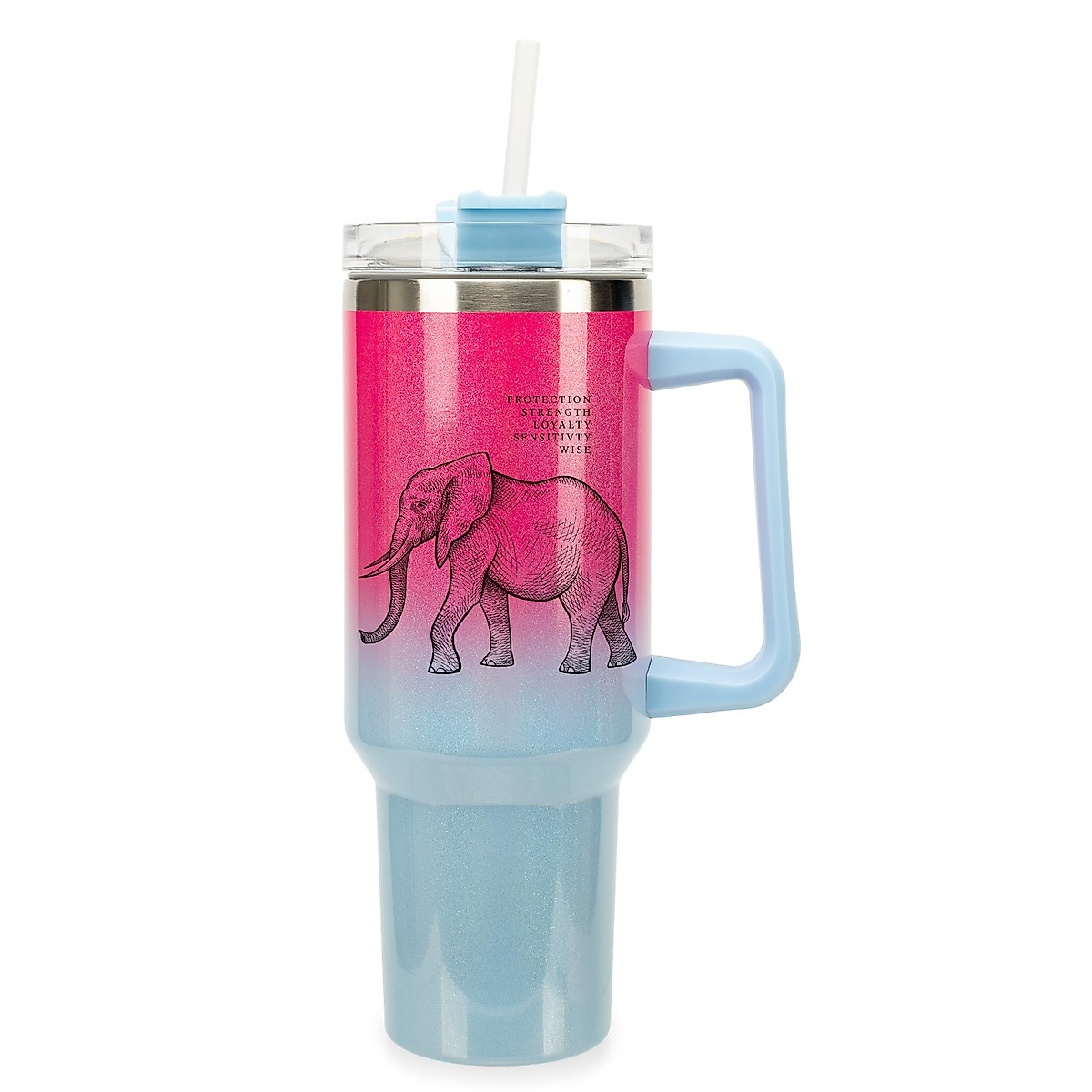 Elanze Designs Elephant Strength Loyalty Animal Traits 40 oz. Stainless Steel Large Water Bottle Coffee Mug Spill & Leak Resistant, Thermal Travel Tumbler with Handle Lid & Straw, Hot Pink & Sky Blue