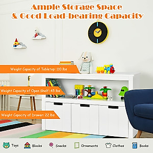 Costzon Toy Storage Organizer, Wooden Toy Bin Chest with 3 Removable Drawers, Rolling Wheels, Large Open Shelf, Toddler Bookshelf for Nursery, Playroom, Kindergarten, Living Room (White)