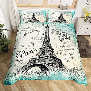 Eiffel Tower Duvet Cover Girls Women Chic Retro Paris Theme Bedding Set Kids Teens Vintage Paris Cityscape Comforter Cover Bedroom Decor French Teal Bedspread Cover Queen Size With 2 Pillow Case