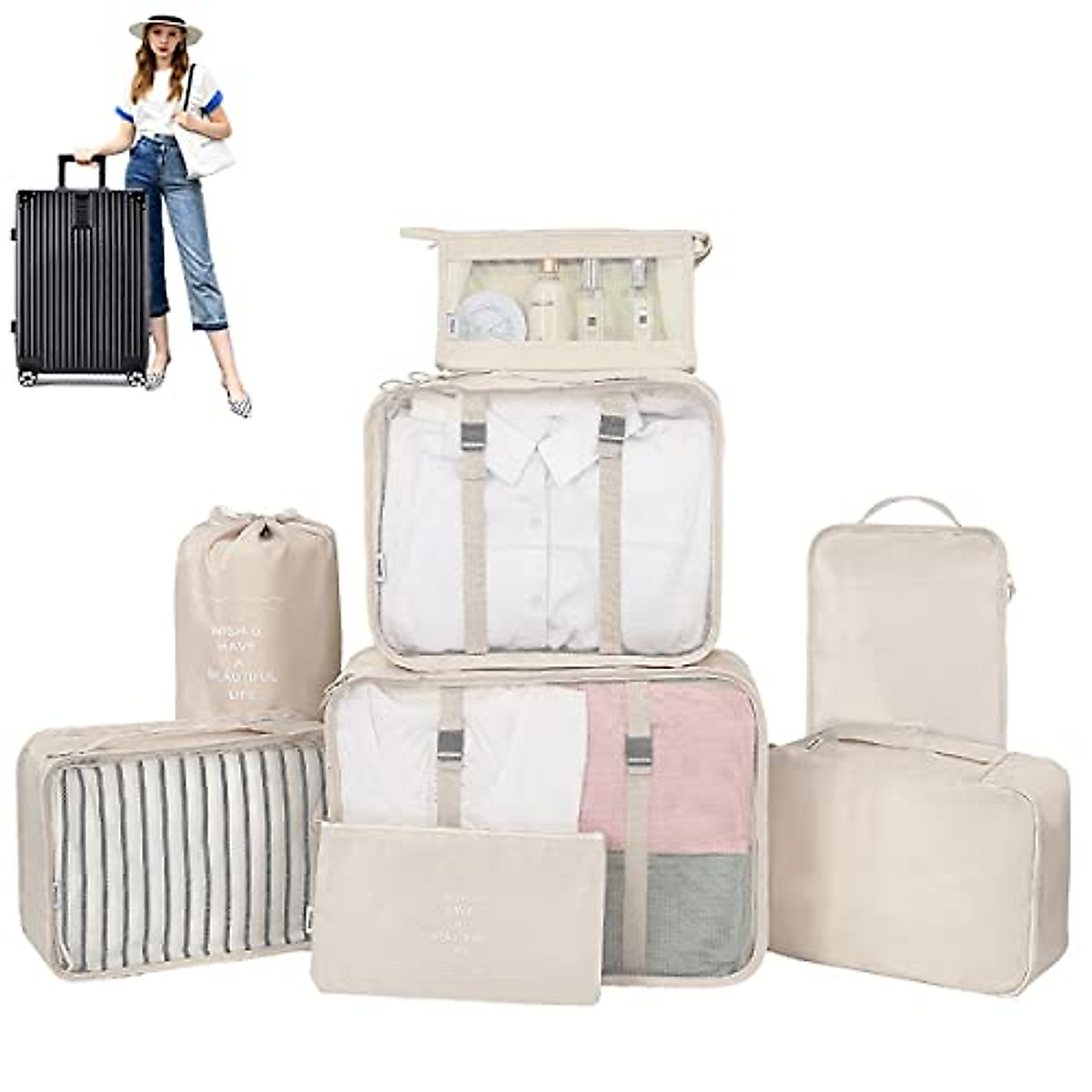 Treonca 8 Piece Packing Cubes for Luggage, Suitcase Cube Organizer,Lightweight Mesh Zipper, Clothes, Shoes, Luggage Organizer (beige)