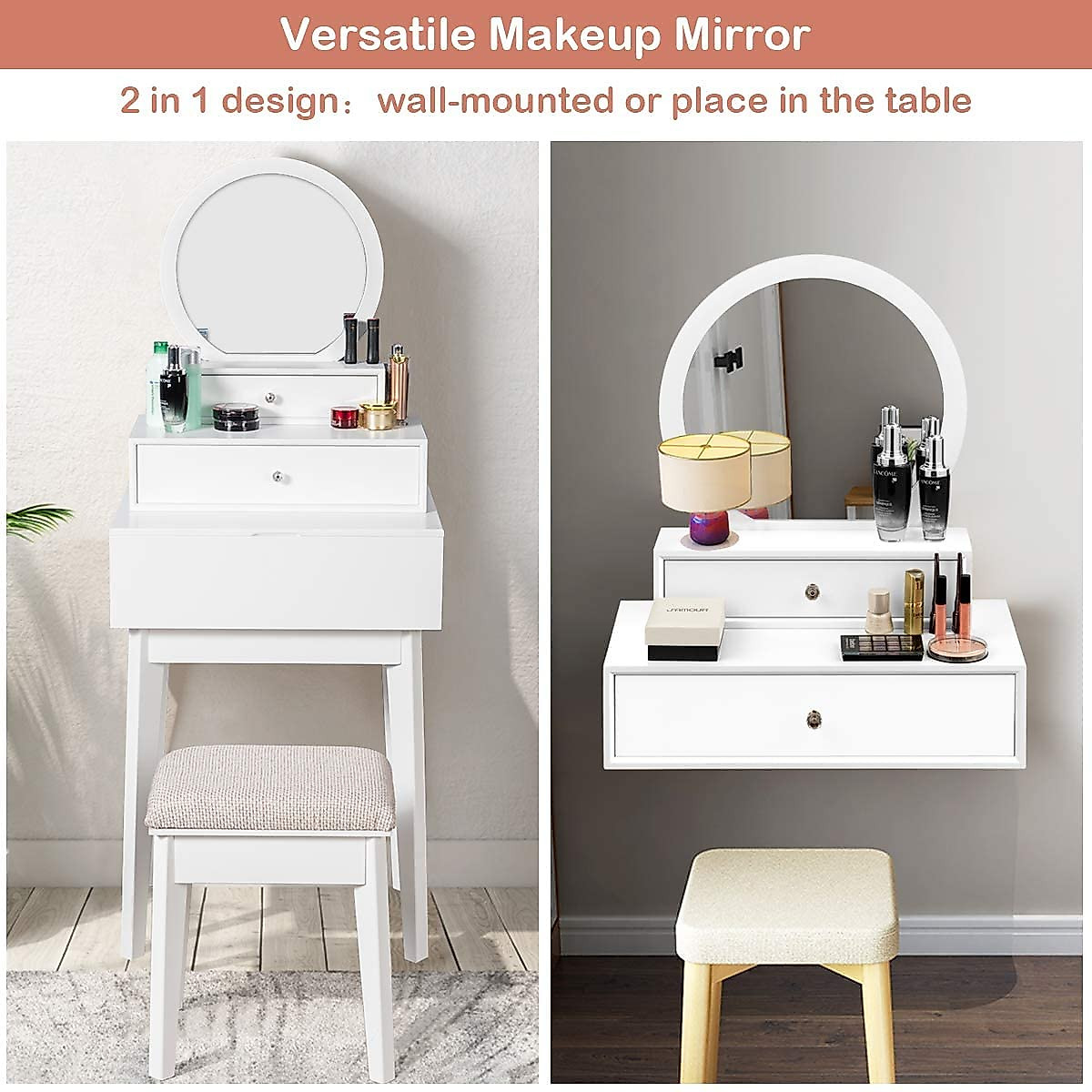 Byroce Vanity Mirror, Space-Saving Wall Mounted & Table Placed Makeup Vanity Mirror, Floating Vanity Shelves with 2 Removable Drawers for Hallway, Sink, Bathroom (White)