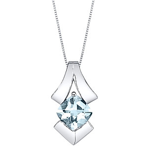 PEORA Aquamarine Pendant Necklace for Women Sterling Silver, Natural Gemstone Birthstone Floating Pagoda Solitaire, 0.75 Carat Cushion Cut 6mm, with 18 inch Italian Chain